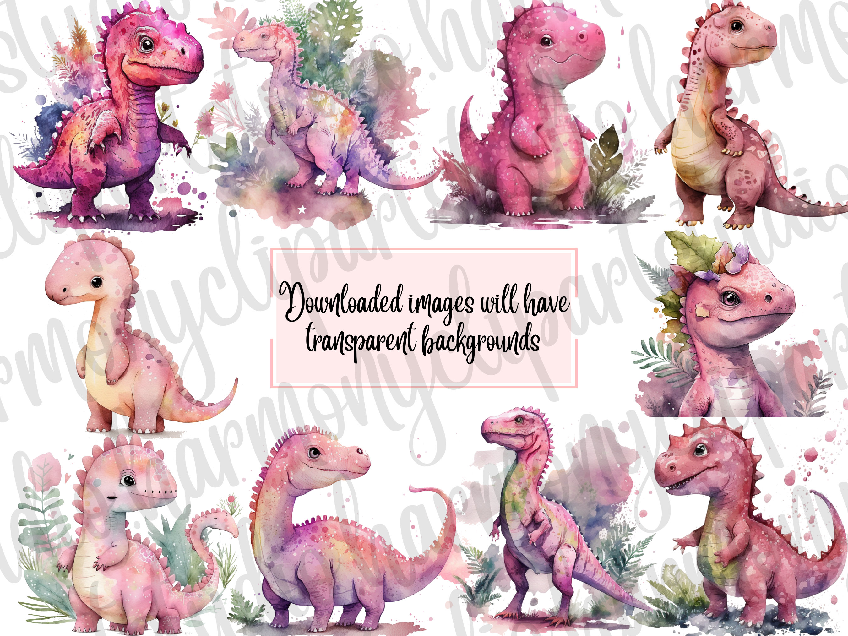 Watercolor Pink Dinosaurs Clipart Pack 21 Png Dinosaur Watercolor ...