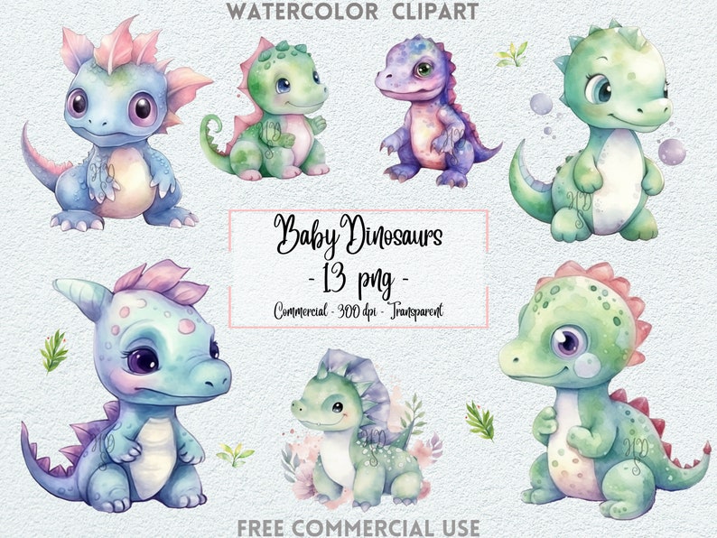 Watercolor Baby Dinosaurs Clipart, 13 Png, Dino Clip Art, Dinosaur ...