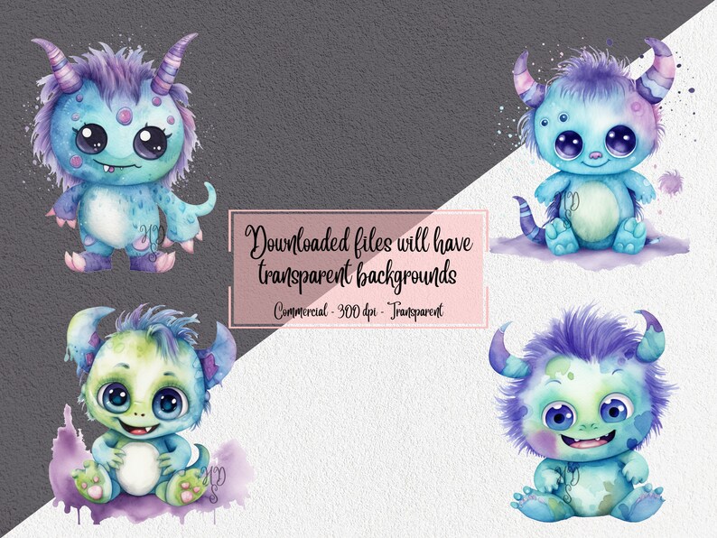 Watercolor Baby Monsters, Clipart, 11 Png, Monster Clip Art, Monster ...