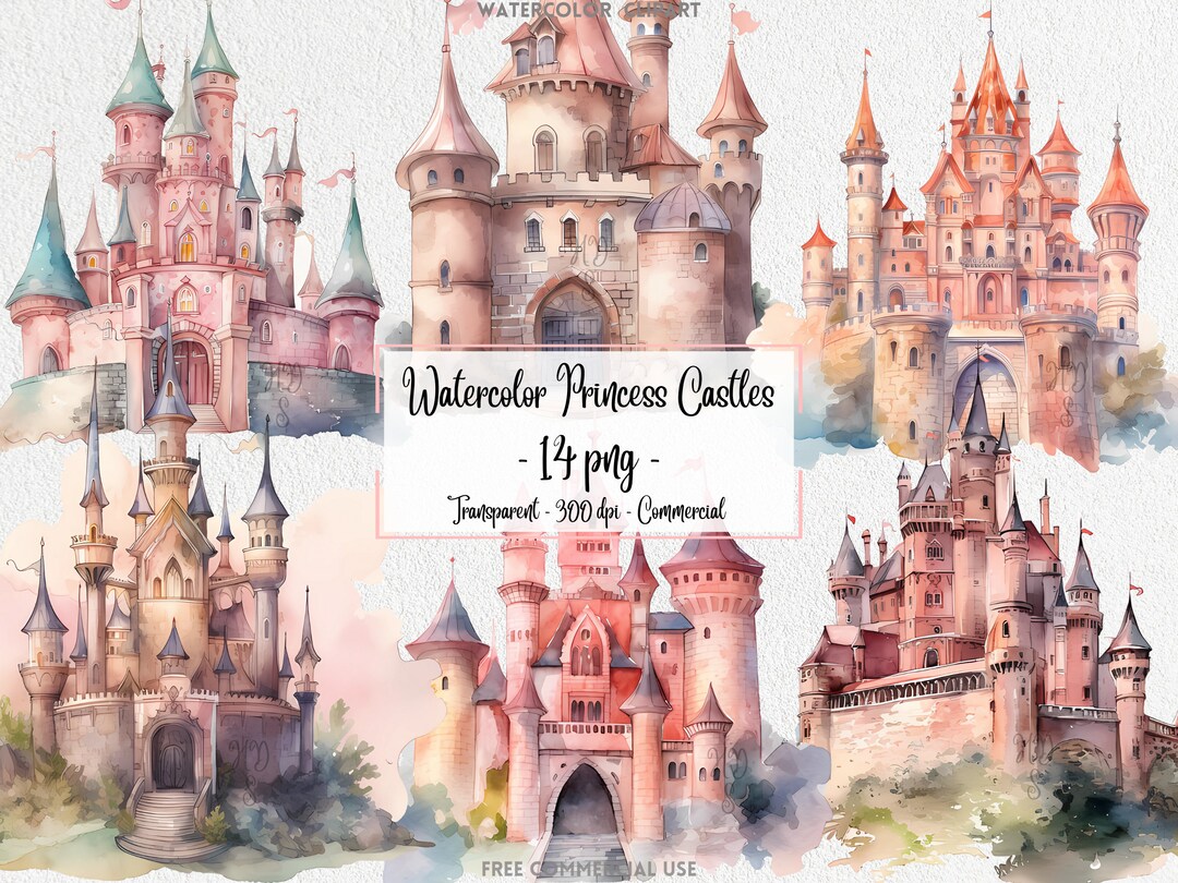 Watercolor Princess Castles Clipart Pack - 14 PNG - Enchanting Castle ...