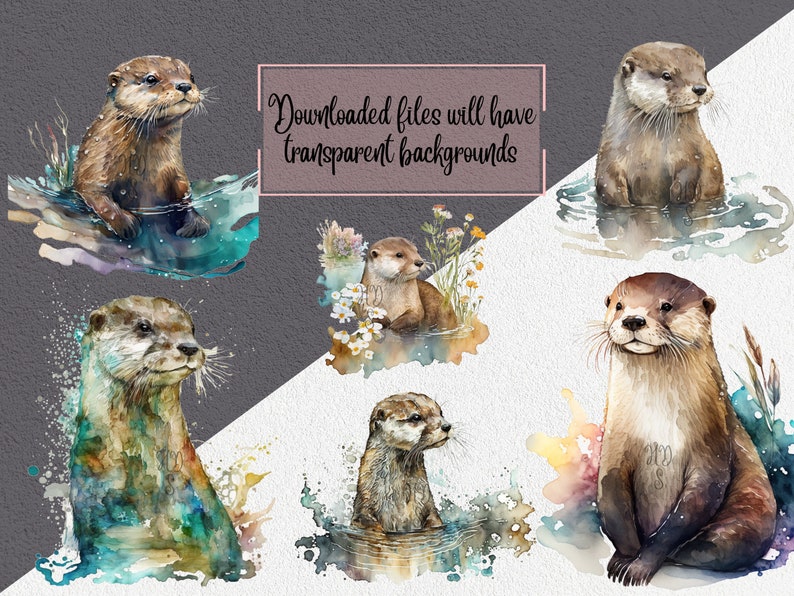 Watercolor Otters Clipart Pack 12 PNG Otters Clipart, Watercolor Otter ...