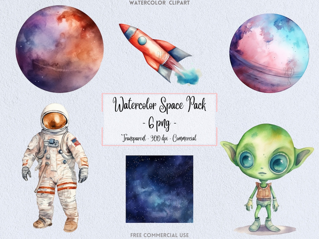 Watercolor Space Clipart Pack - 6 PNG - Space Clipart, Watercolor ...