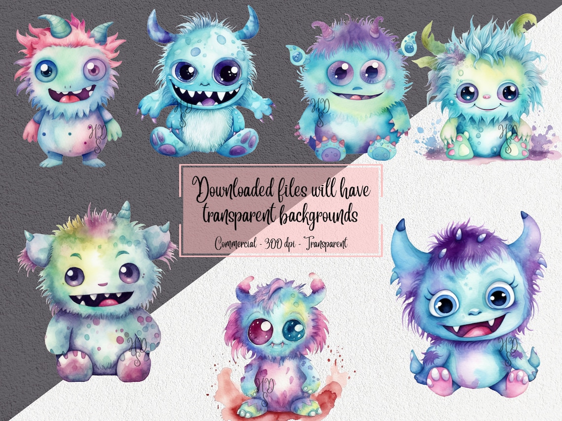 Watercolor Baby Monsters, Clipart, 11 Png, Monster Clip Art, Monster ...