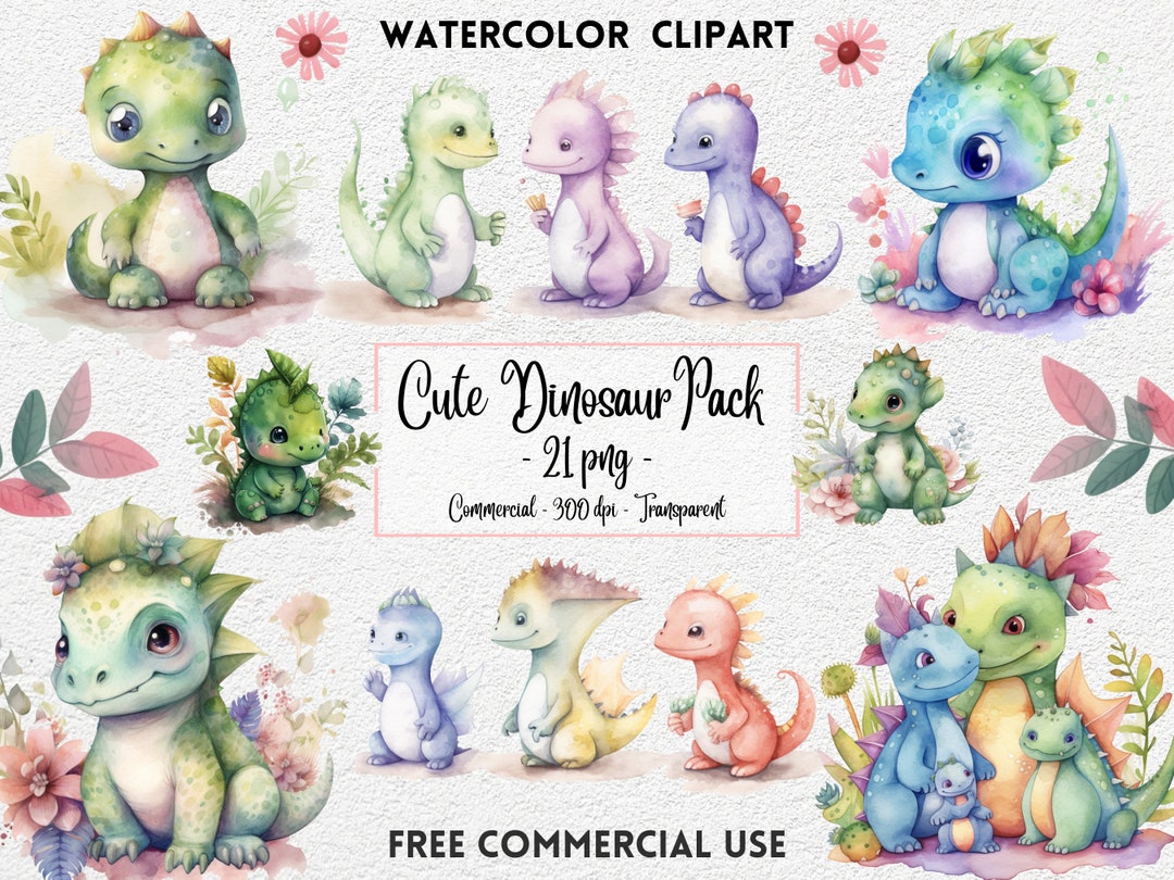 Watercolor Cute Dinosaurs Clipart Pack | 21 Png | Dinosaur Watercolor ...