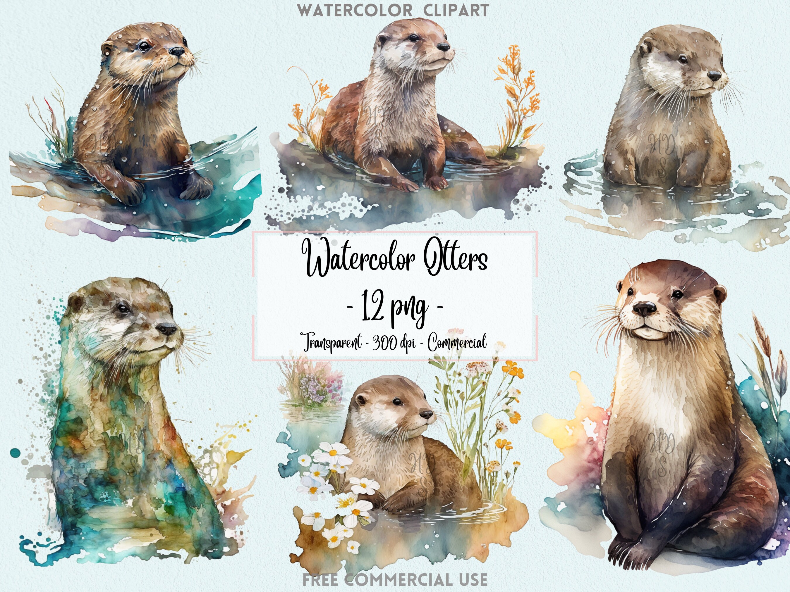 Watercolor Otters Clipart Pack 12 PNG Otters Clipart, Watercolor Otter ...