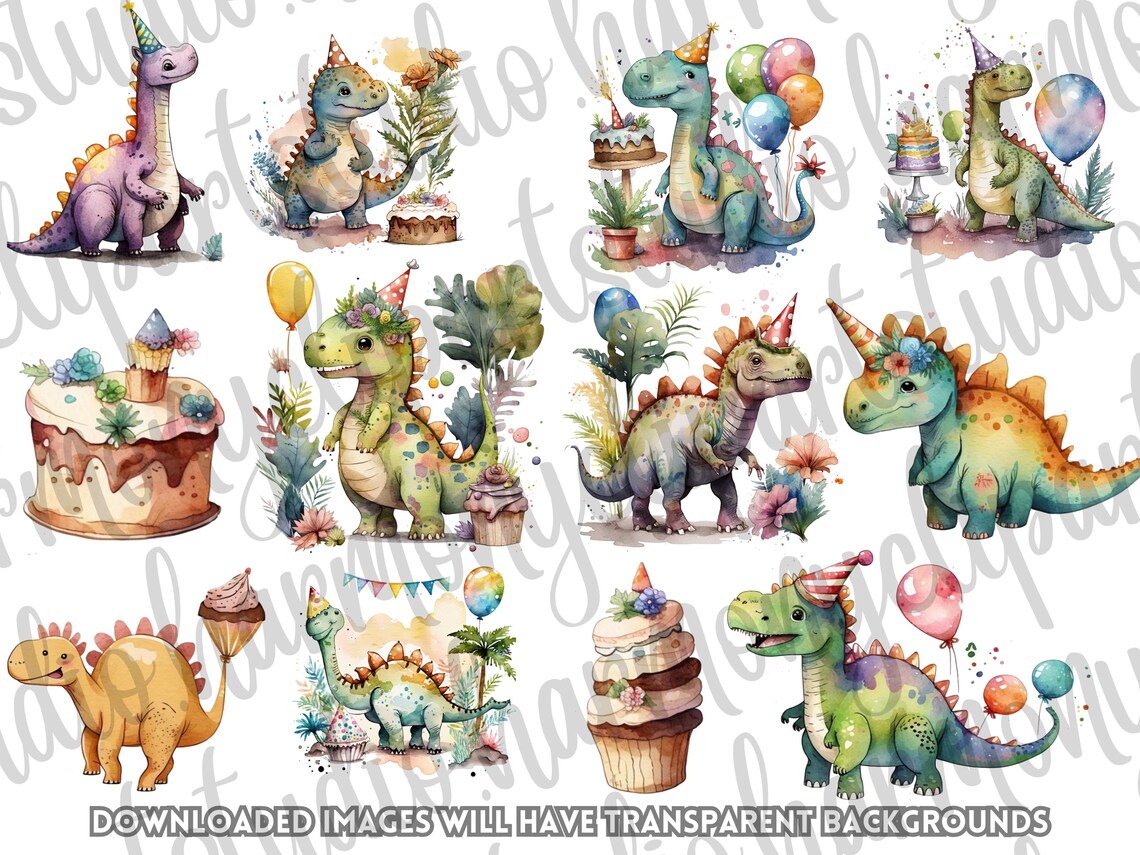 Watercolor Birthday Dinosaurs Clipart 13png Dinosaur Water - Etsy