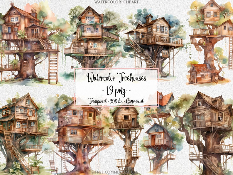 Watercolor Treehouse Clipart Pack - 19 PNG - Treehouses Clipart ...