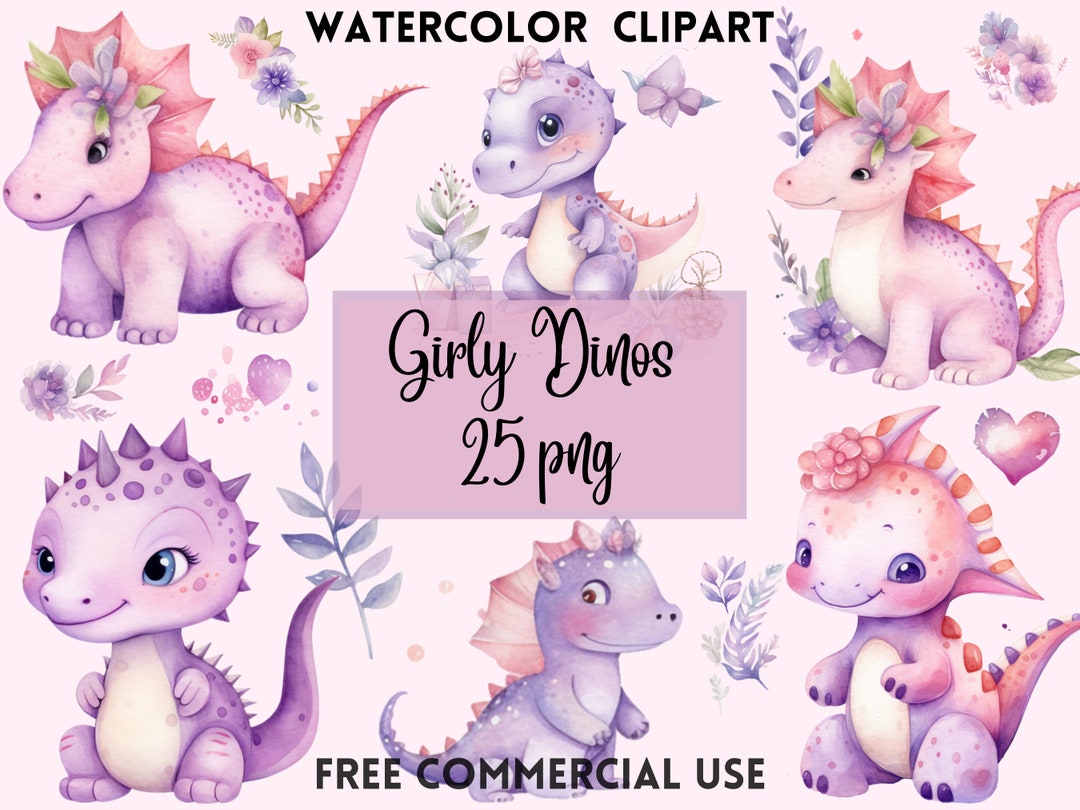 Watercolor Girly Dinosaurs Clipart 25png Dinosaur - Etsy