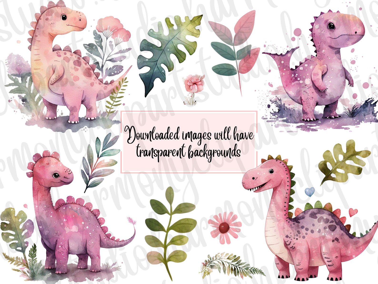 Watercolor Pink Dinosaurs Clipart Pack 21 Png Dinosaur Watercolor ...