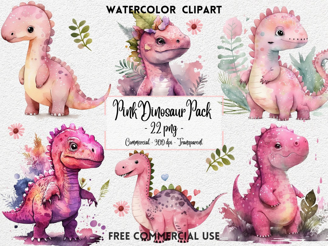 Watercolor Pink Dinosaurs Clipart Pack 21 Png Dinosaur Watercolor ...