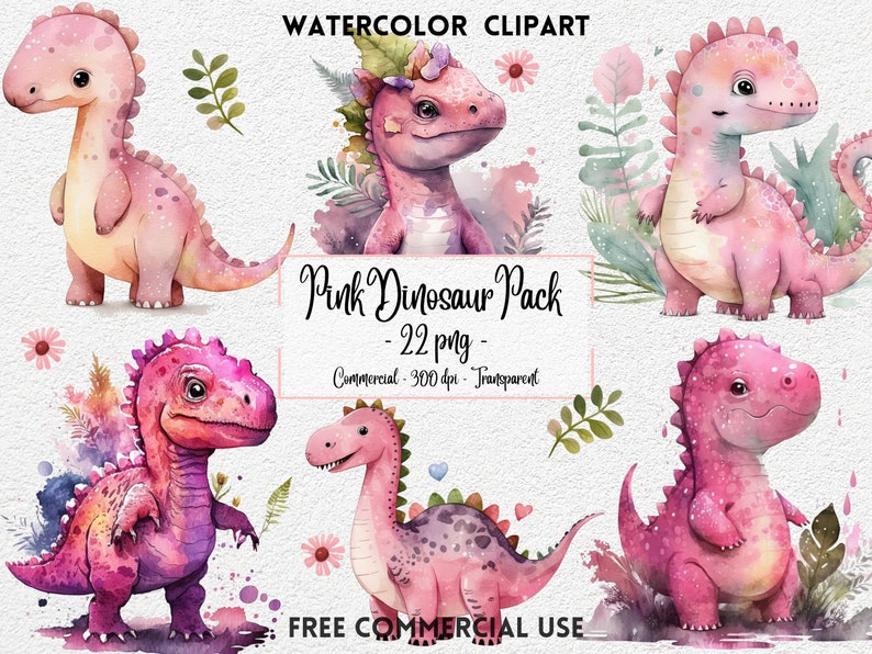 Watercolor Pink Dinosaurs Clipart Pack 21 Png Dinosaur Watercolor ...