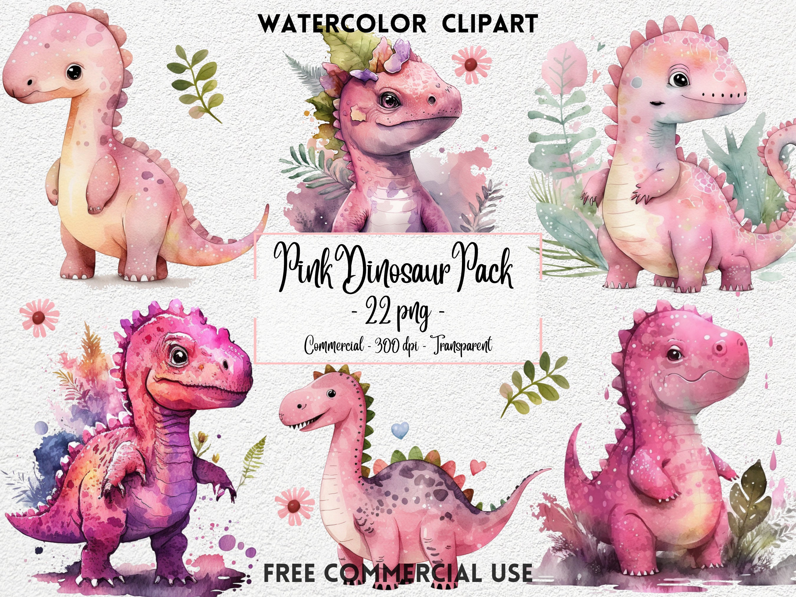 Watercolor Pink Dinosaurs Clipart Pack 21 Png Dinosaur Watercolor ...