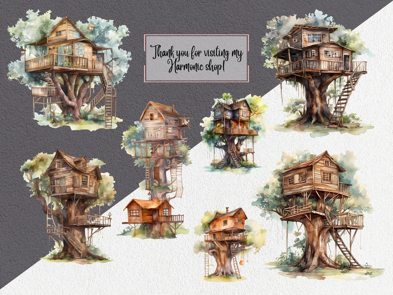 Watercolor Treehouse Clipart Pack - 19 PNG - Treehouses Clipart ...