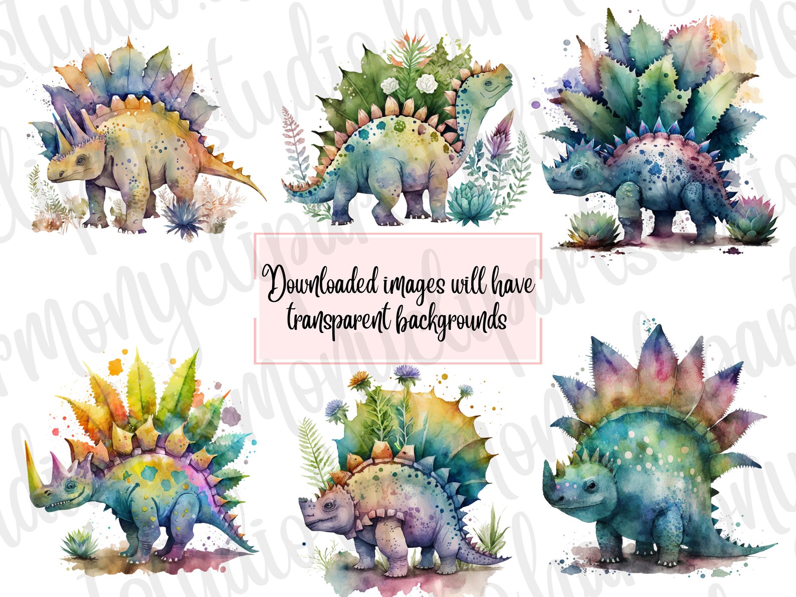 Watercolor Stegosaurus Clipart Pack 12 Png Dinosaur - Etsy
