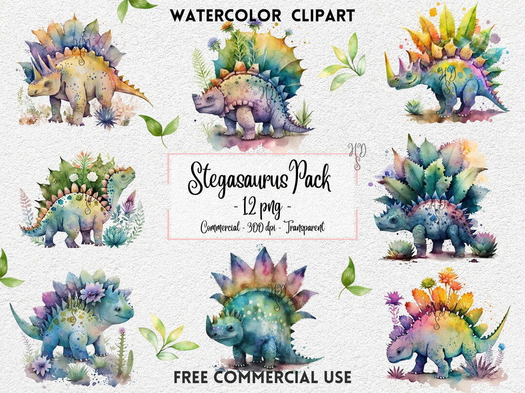 Watercolor Stegosaurus Clipart Pack 12 Png Dinosaur Watercolor Clipart ...