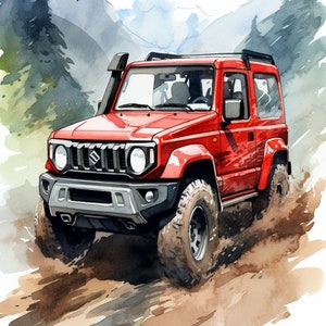 Colorful Off-road Art /watercolor Drawing of a Red Suzuki Jimny - Etsy