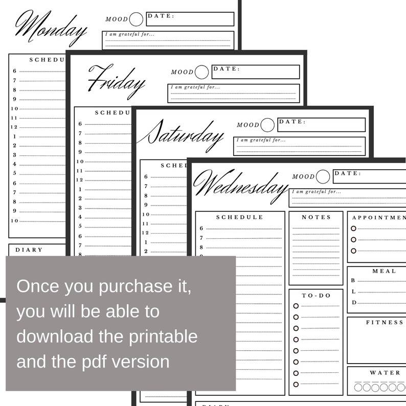 Minimalist Daily Planner for a Week, Printable and PDF Versions ...