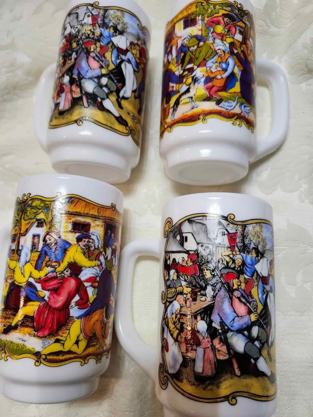 Set of 4 Vintage Milk Glass Cups With Scenes of People Dancing at ...