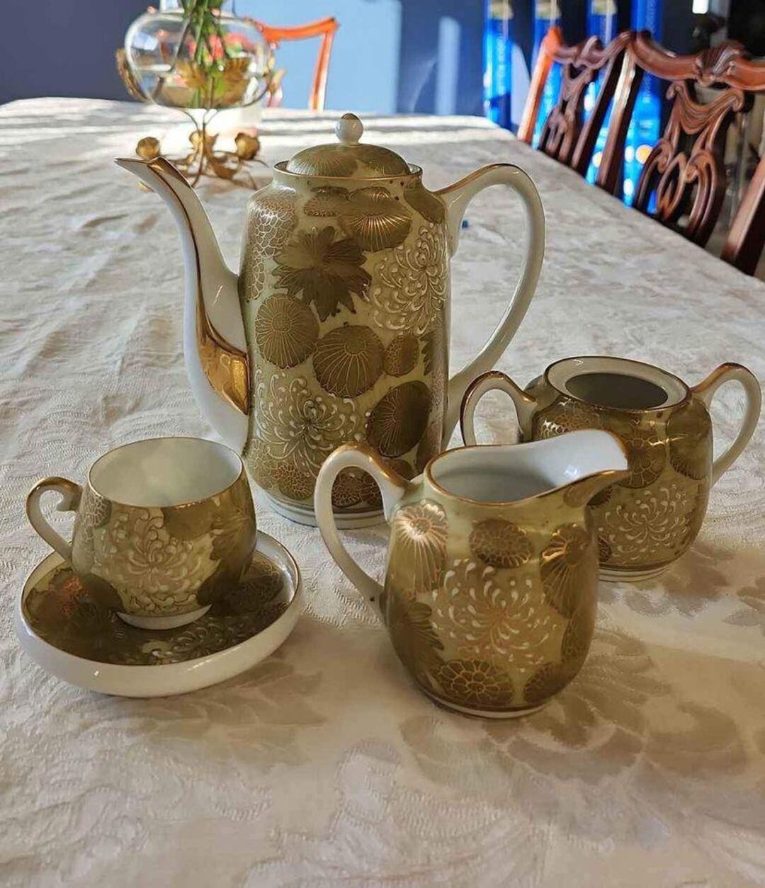 Vintage Japanese Eggshell Porcelain Tea Set 16 Pc Green Crysanthemums ...