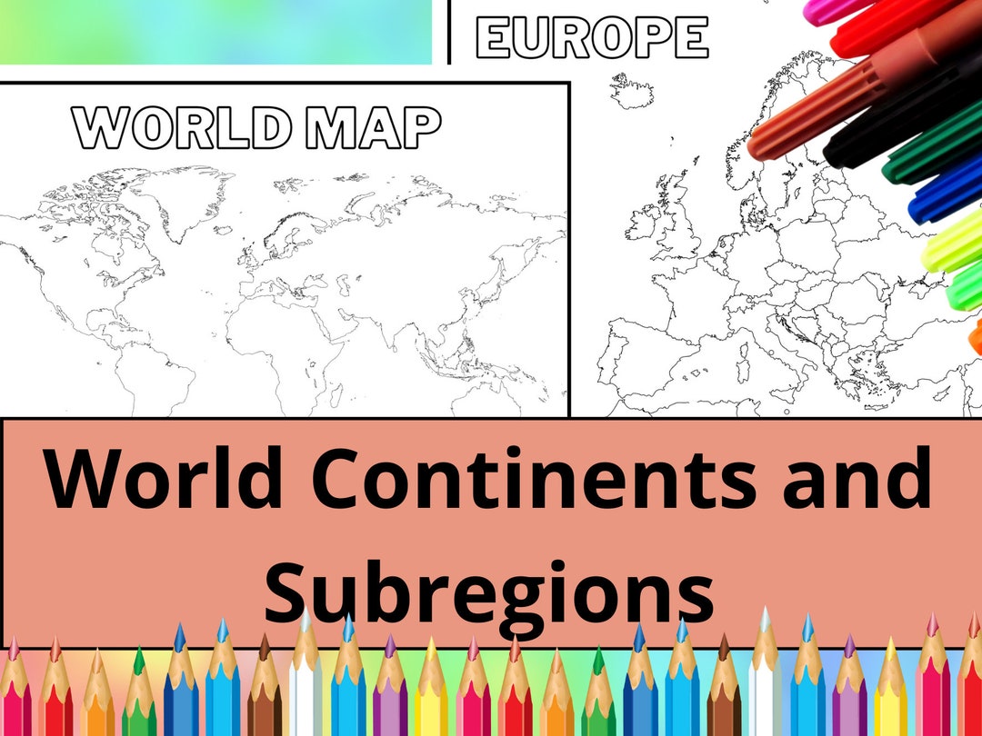 World Continents and Subregions to Coloring, Maps to Paint, Instant ...