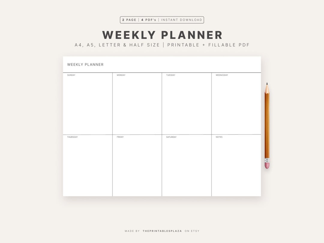 Weekly Planner Printable Landscape, Weekly Schedule, Week at a Glance ...