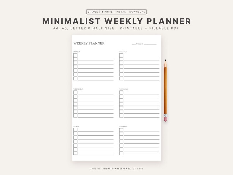 Minimalist Weekly Planner Printable, Daily to Do List for Work/home ...