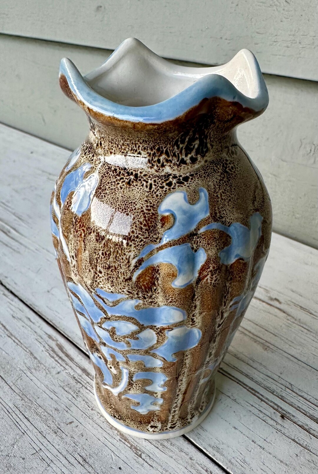 Vintage Studio Ceramic Vase - Mid Century Blue Floral, Scalloped Rim - Etsy