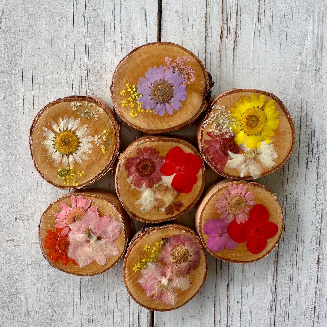 Pressed Flower Magnets - Wood Slice Magnets - Kitchen Magnets - Small ...