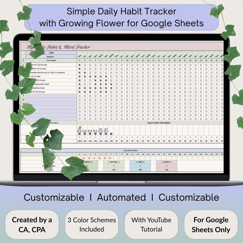 Daily Habit Tracker Google Sheet | Growing Flower Progress (digital ...