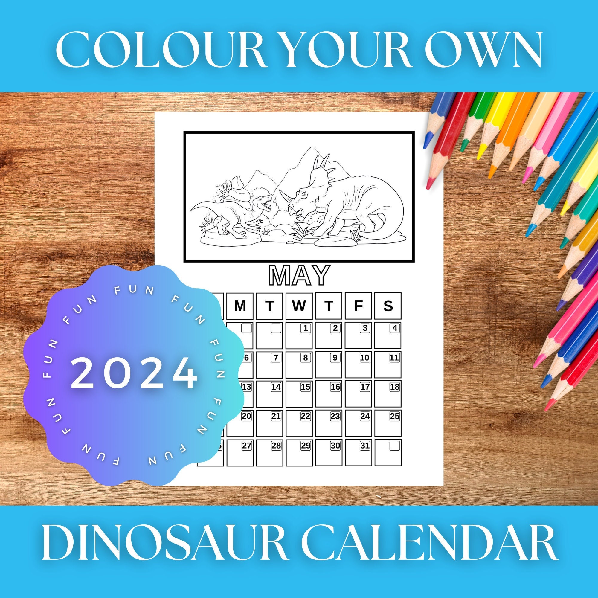 Dinosaur Colouring Calendar for Kids, Printable Calendar to Colour ...