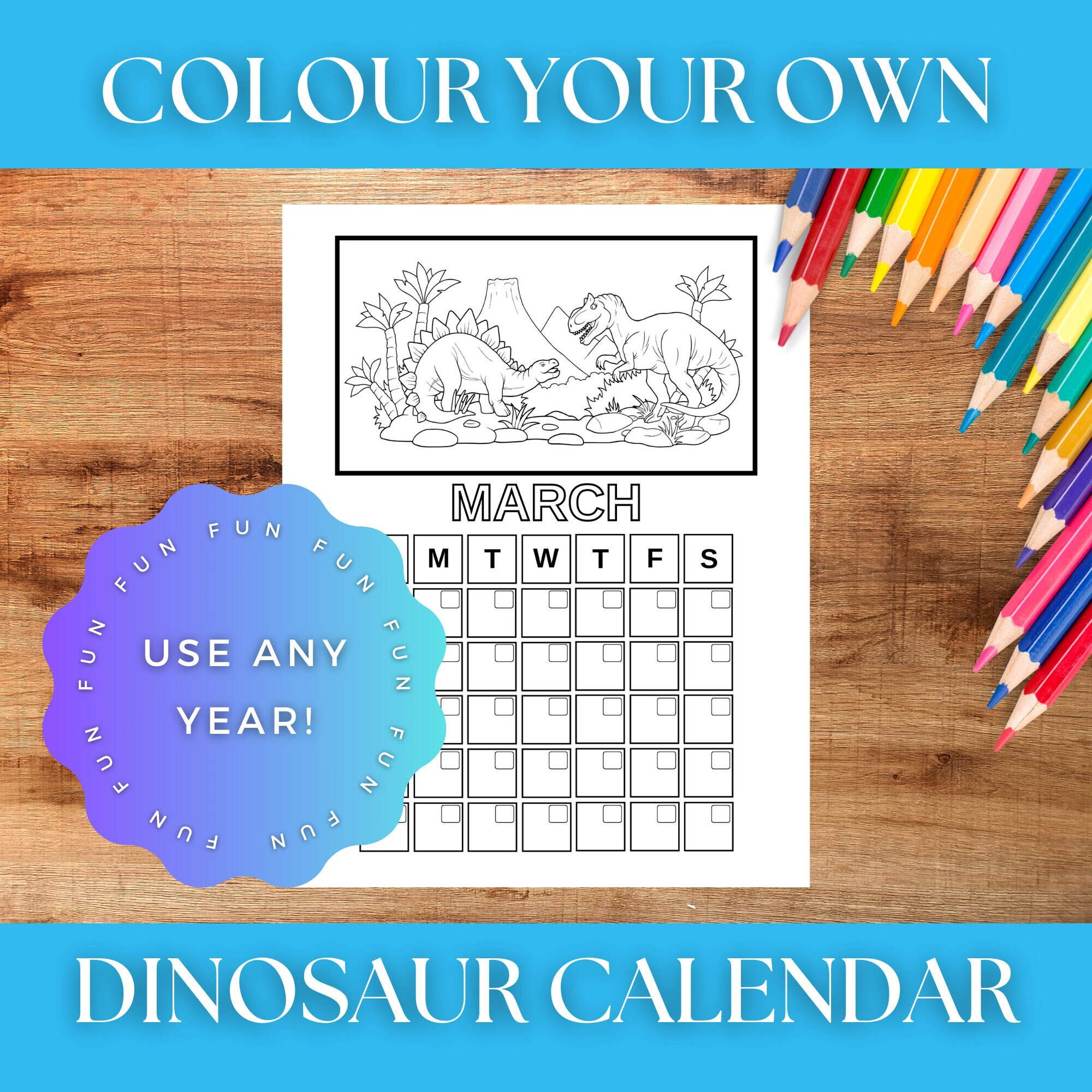 Dinosaur Colouring Calendar for Kids, Printable Calendar to Colour ...