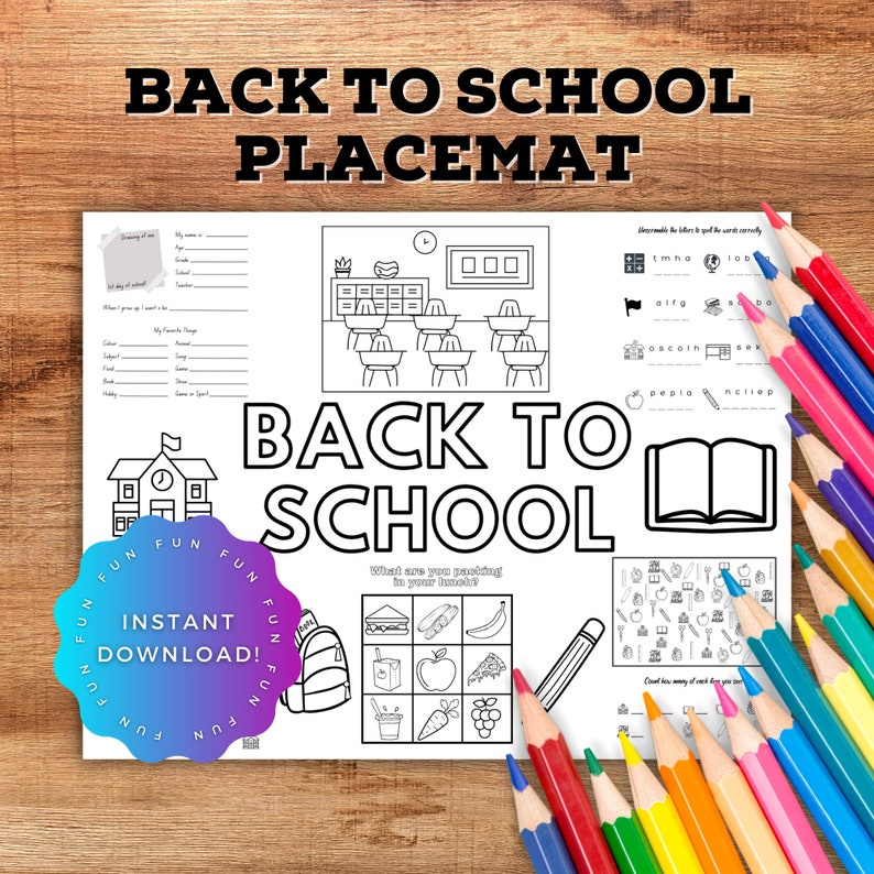 Printable Back to School Activity Placemat School Themed - Etsy