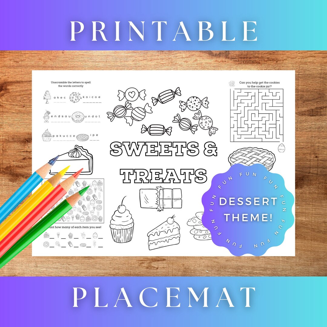 Sweets and Treats Printable Placemat, Dessert Themed Activities, Candy ...