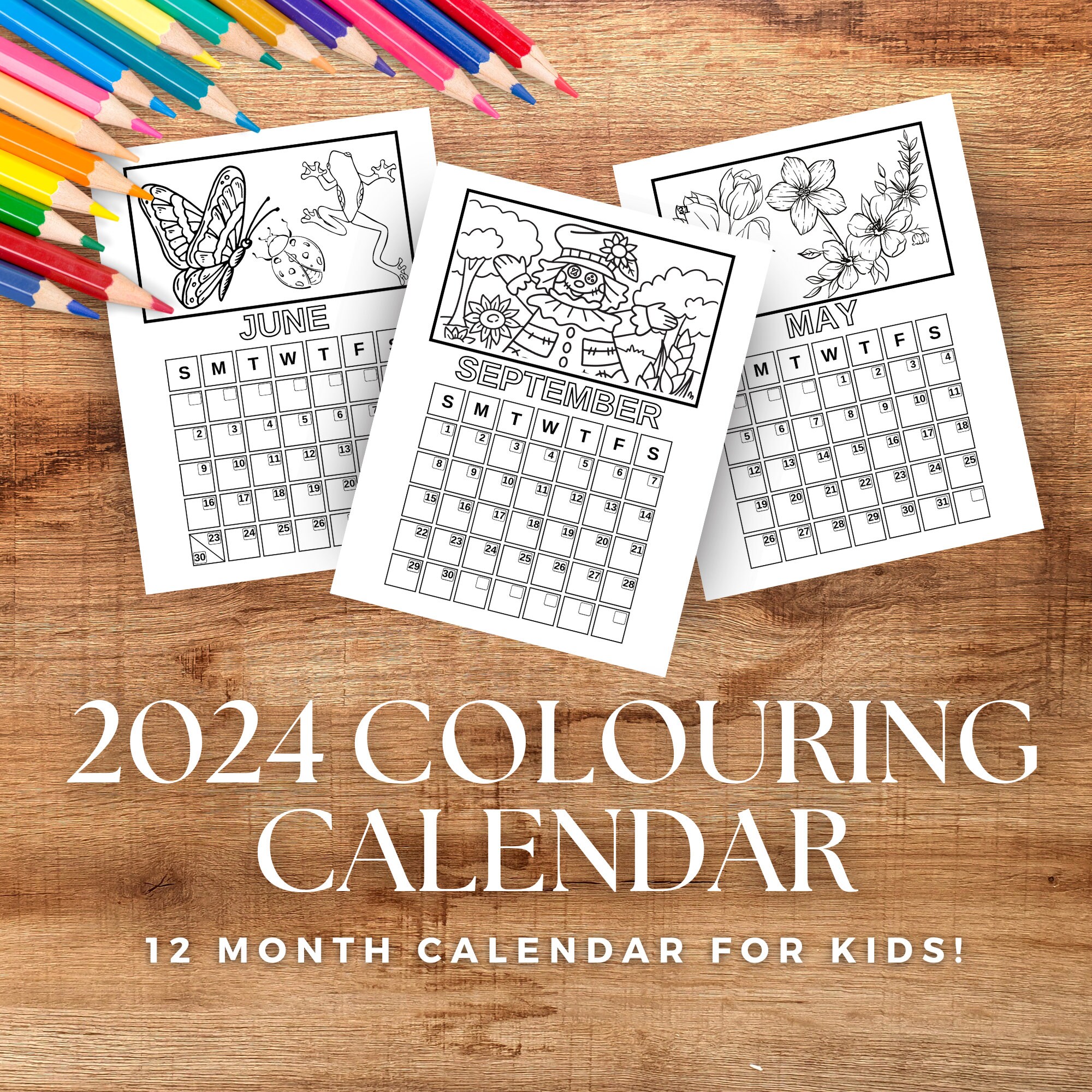 Calendrier de coloriage 2024, calendrier de coloriage de 12 mois pour ...