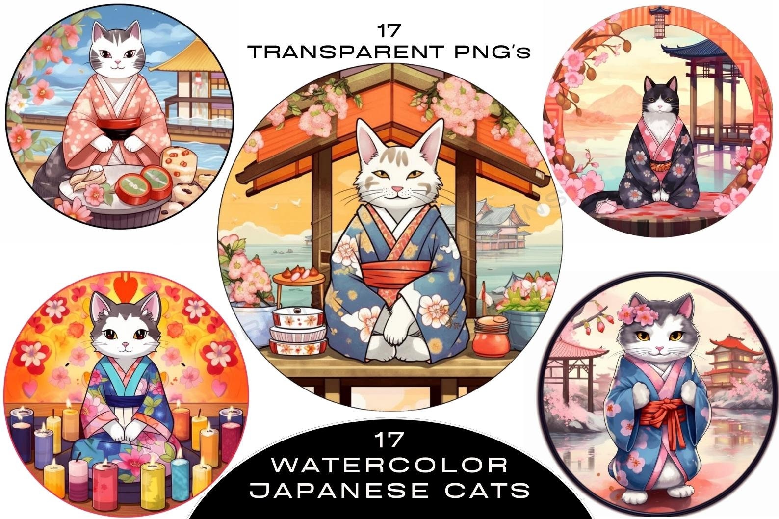 Japanese Cats in Kimonos Clipart Perfect for Stickers Cards Creative ...