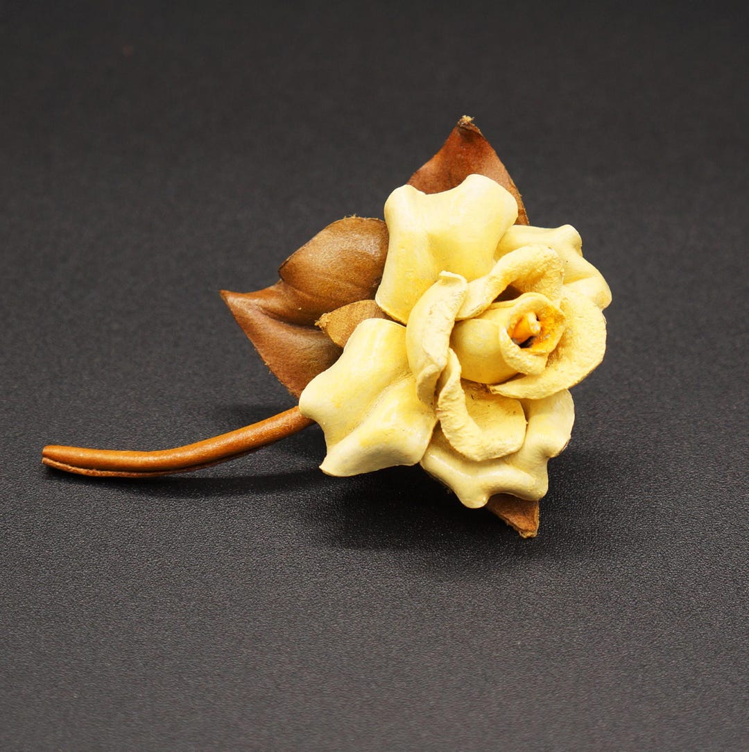 Vintage Handmade Leather Western Pale Yellow Rose Brooch Long Stem W ...