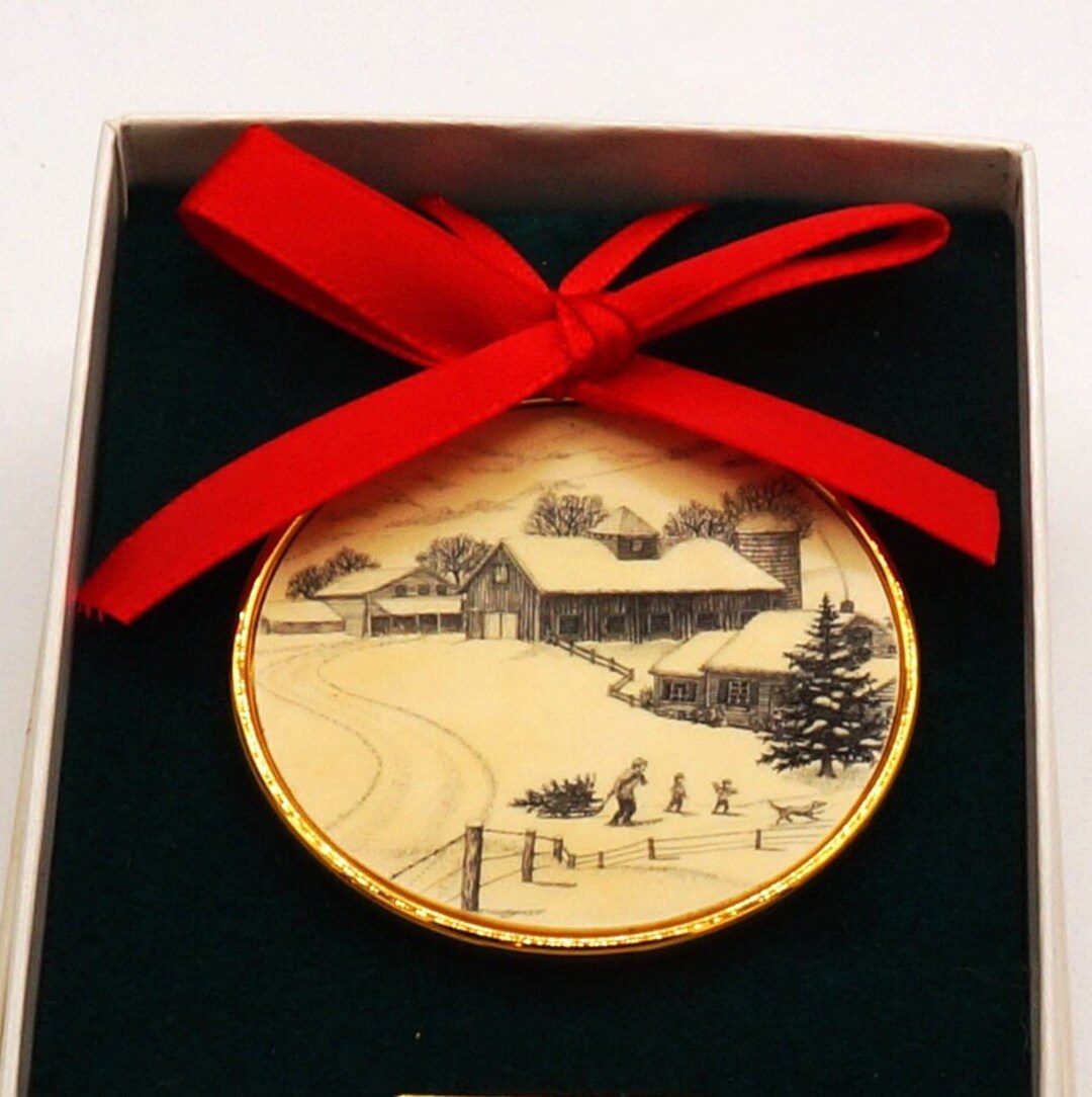 Vintage Barlow Christmas Ornament of Outbuildings & Family Pulling Tree ...