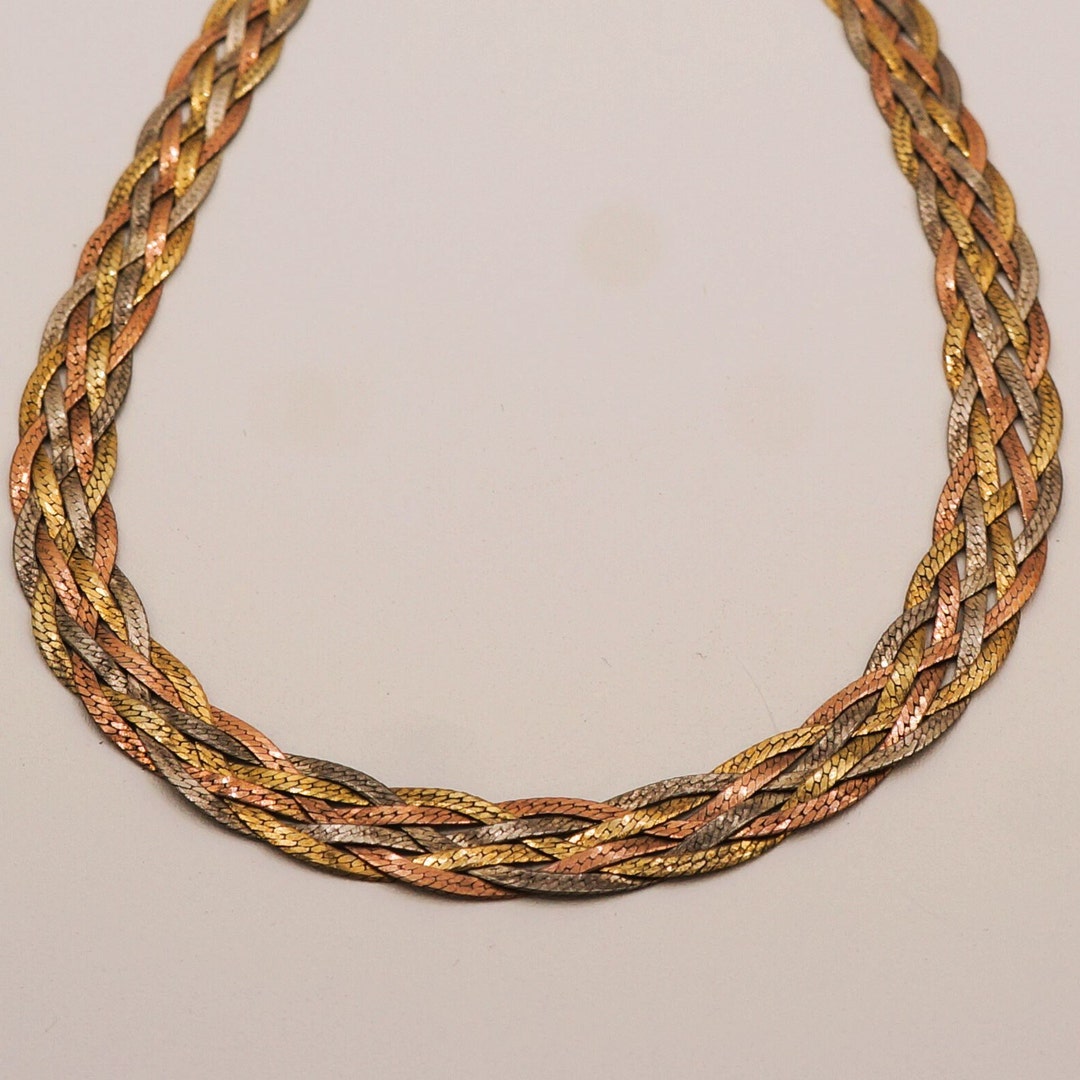 Vintage Three Tone Braided Herringbone Sterling Silver Necklace 18" - Etsy