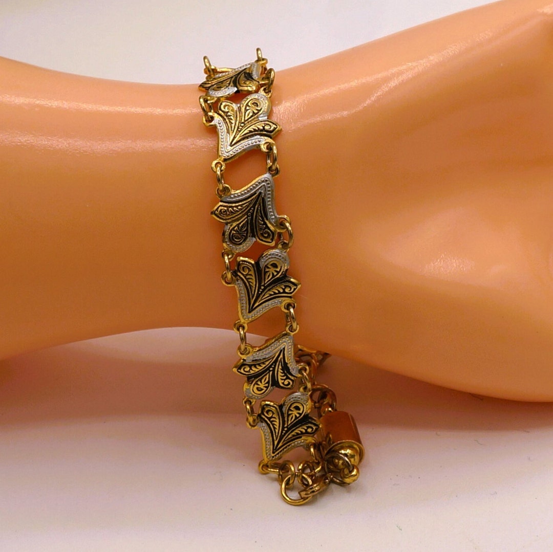 Vintage Damascus Style Gold Tone Black Enamel Silver Link Chain ...