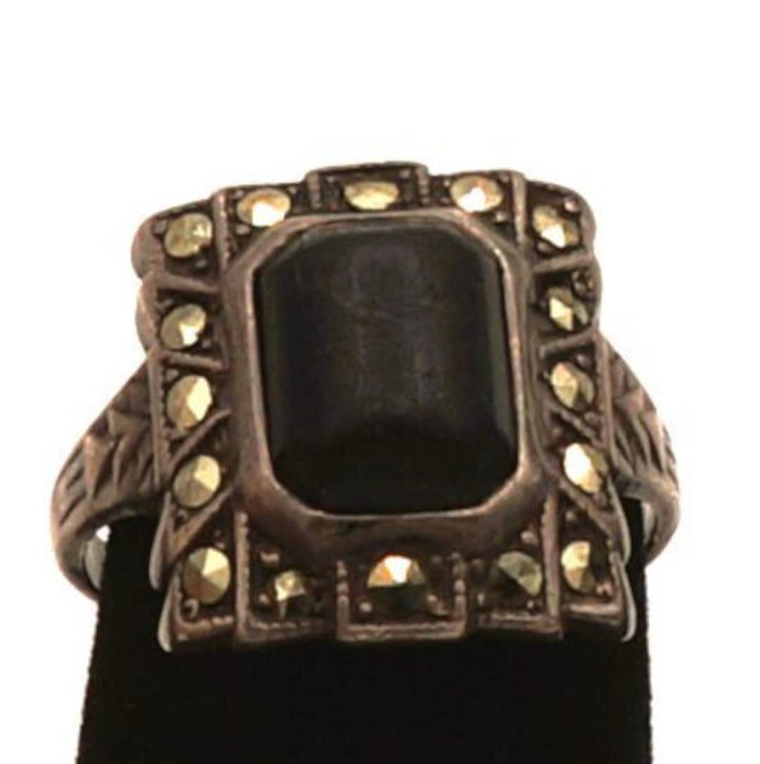 Old Vintage Estate Art Deco Uncas Onyx & Marcasite Silver Ring Size 6 ...
