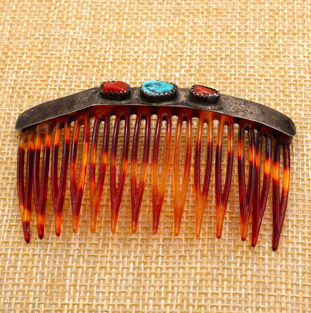 Old Vintage Southwest Native American Turquoise Coral Silver Hair Comb ...