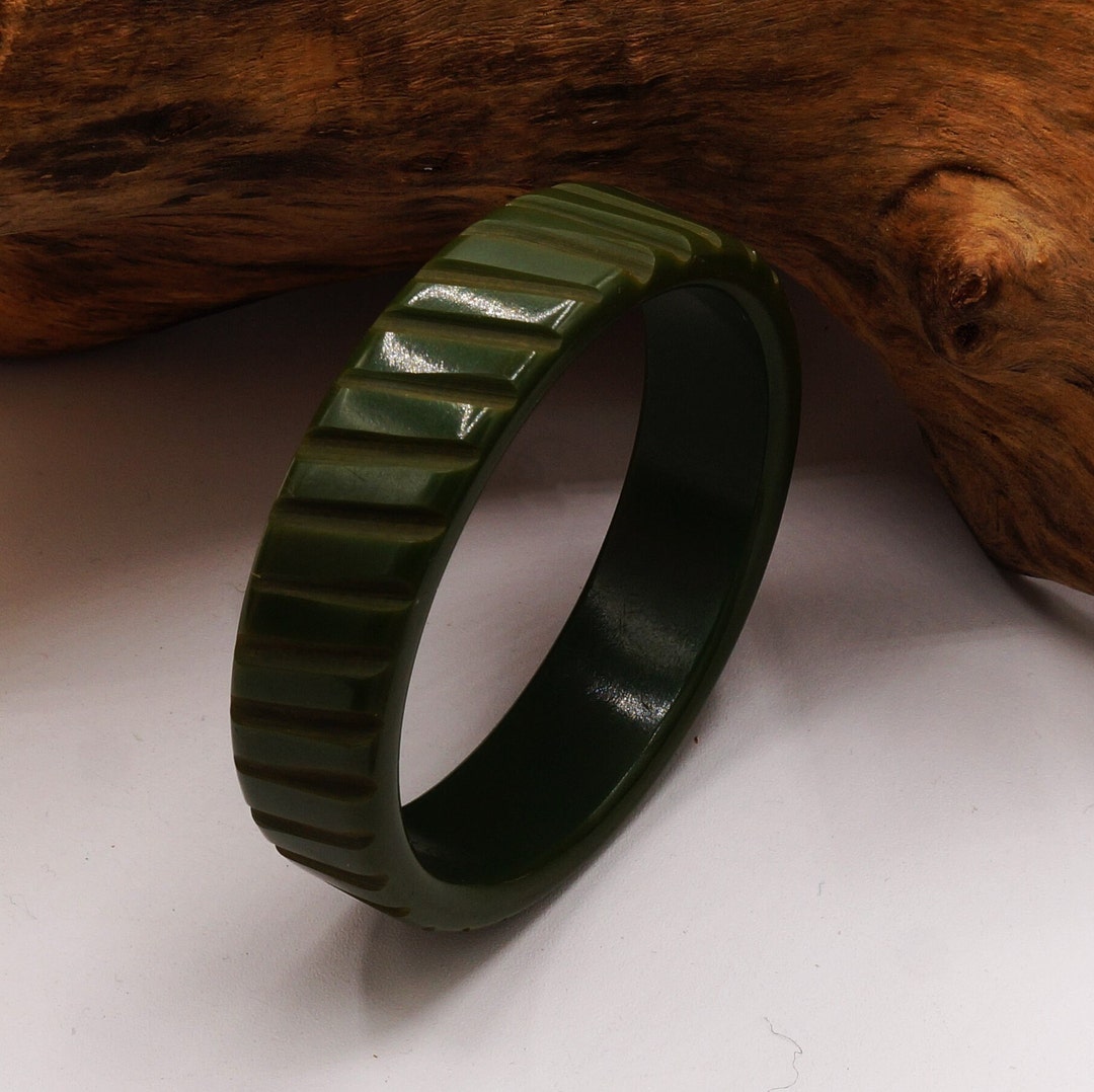 Vintage Bakelite Retro Dark Jade Green Diagonal Ribbed Carved Bangle - Etsy