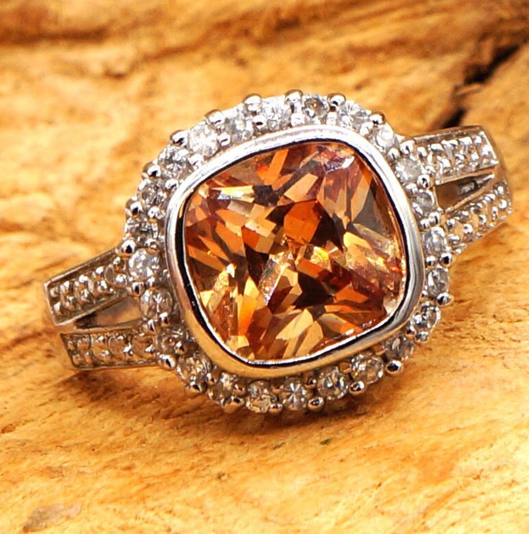 Vintage Square Citrine & CZ Halo Silver Cathedral Ring Size 7.75 - Etsy