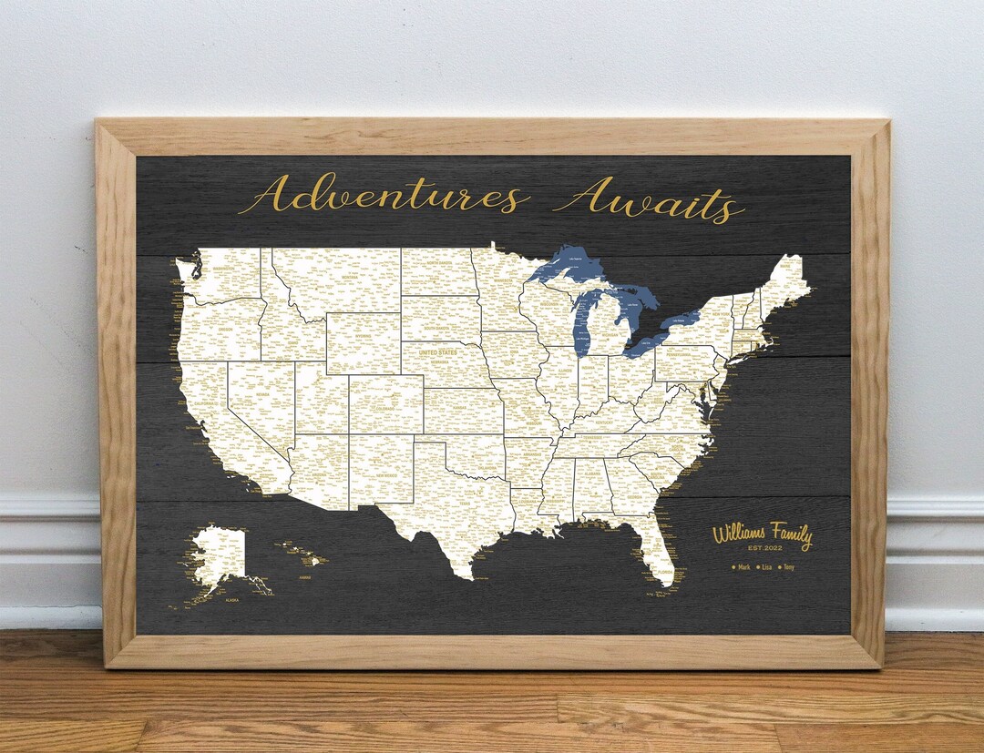 Large Push Pin Map of United States, Custom Travel Map, Styles: Framed ...