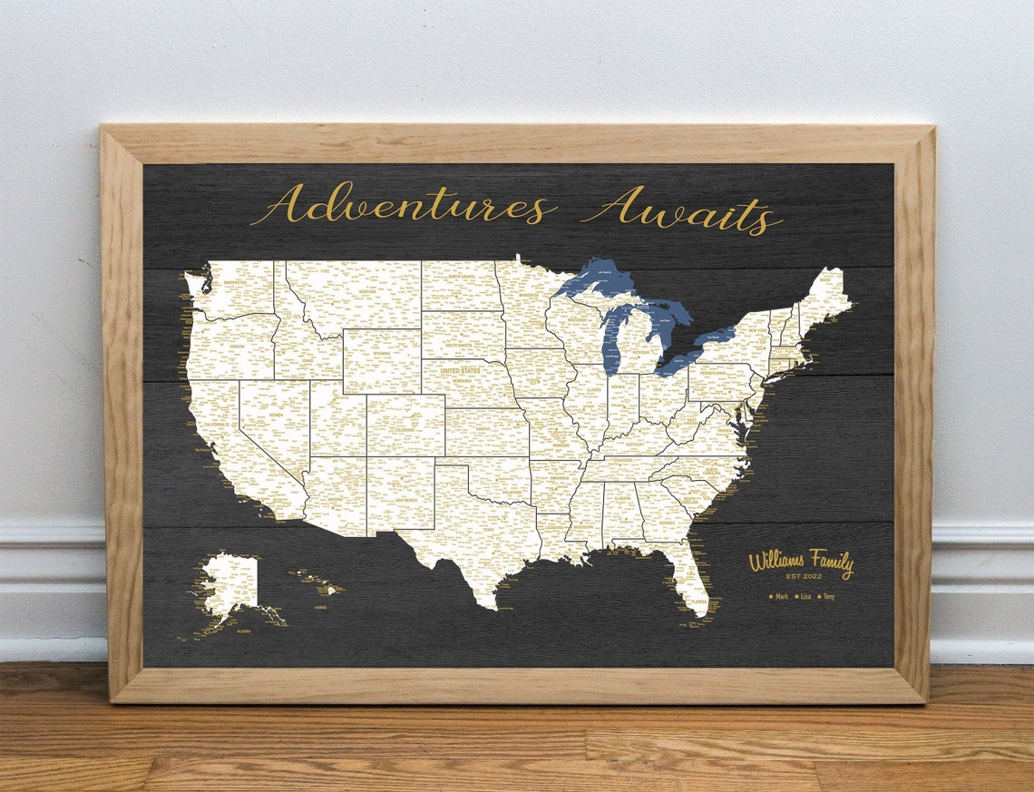 Large Push Pin Map of United States, Custom Travel Map, Styles: Framed ...