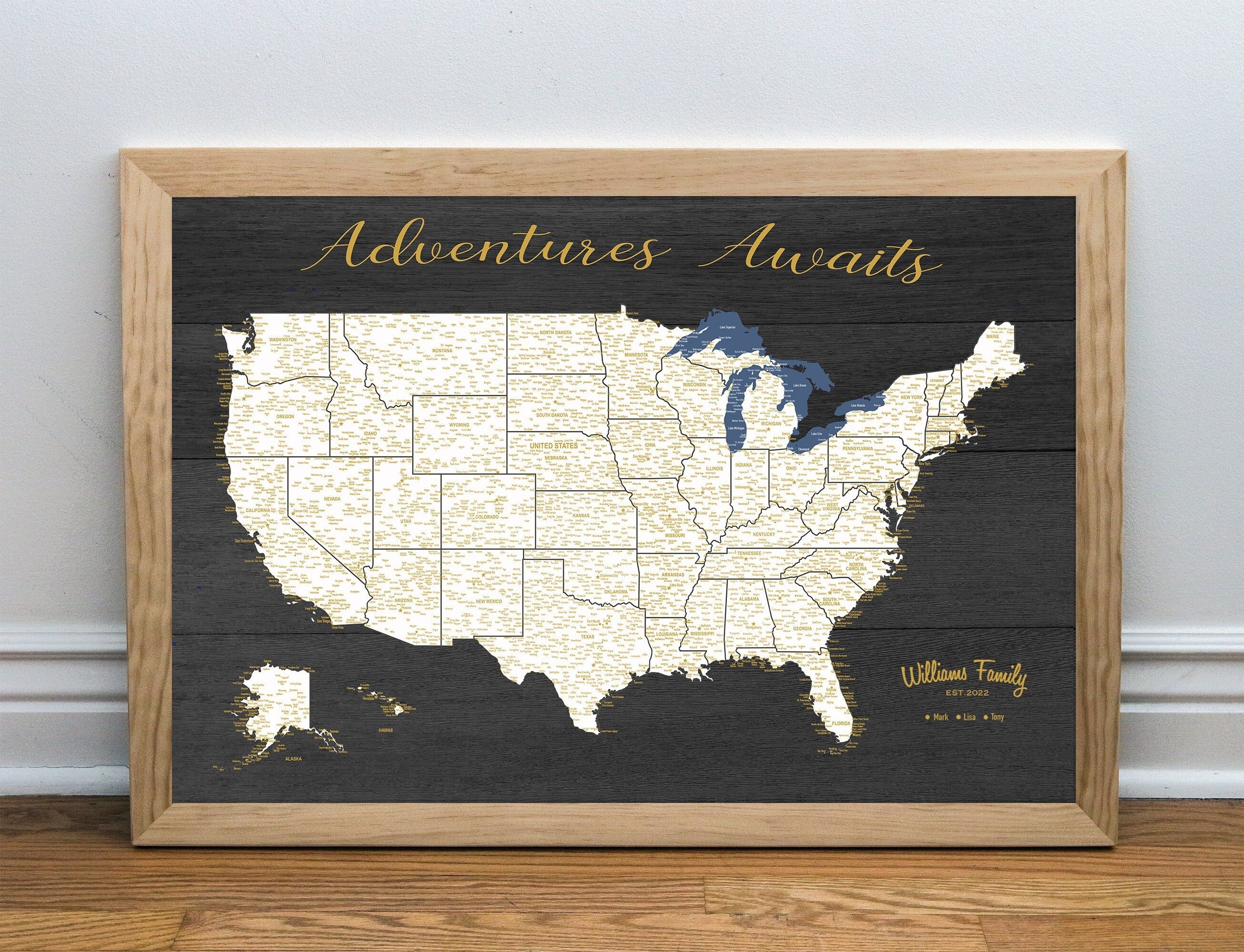 Large Push Pin Map of United States, Custom Travel Map, Styles: Framed ...