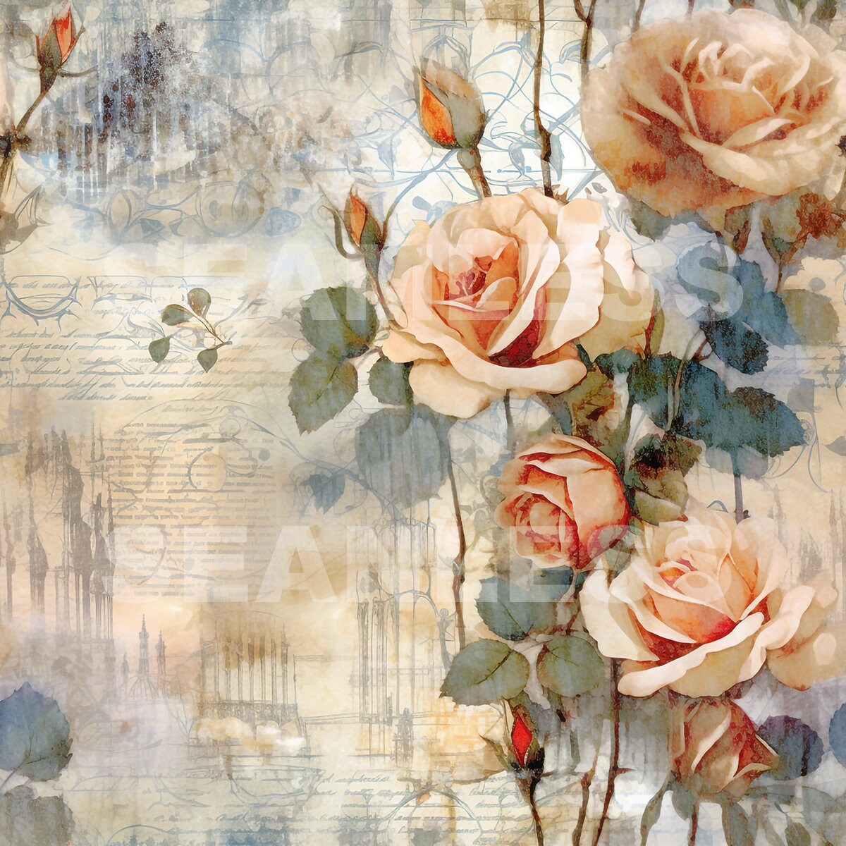 Vintage Elegance: Seamless Pattern With Roses, Architecture, and ...