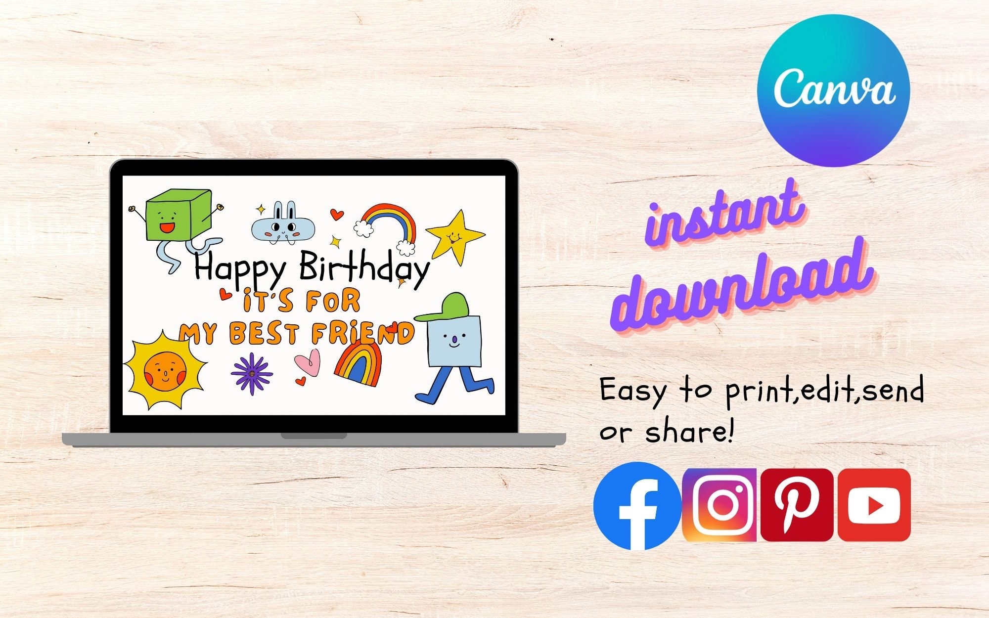 5 Digital Birthday Cards;greeting Cards;happy Birthday Cards;kid's ...