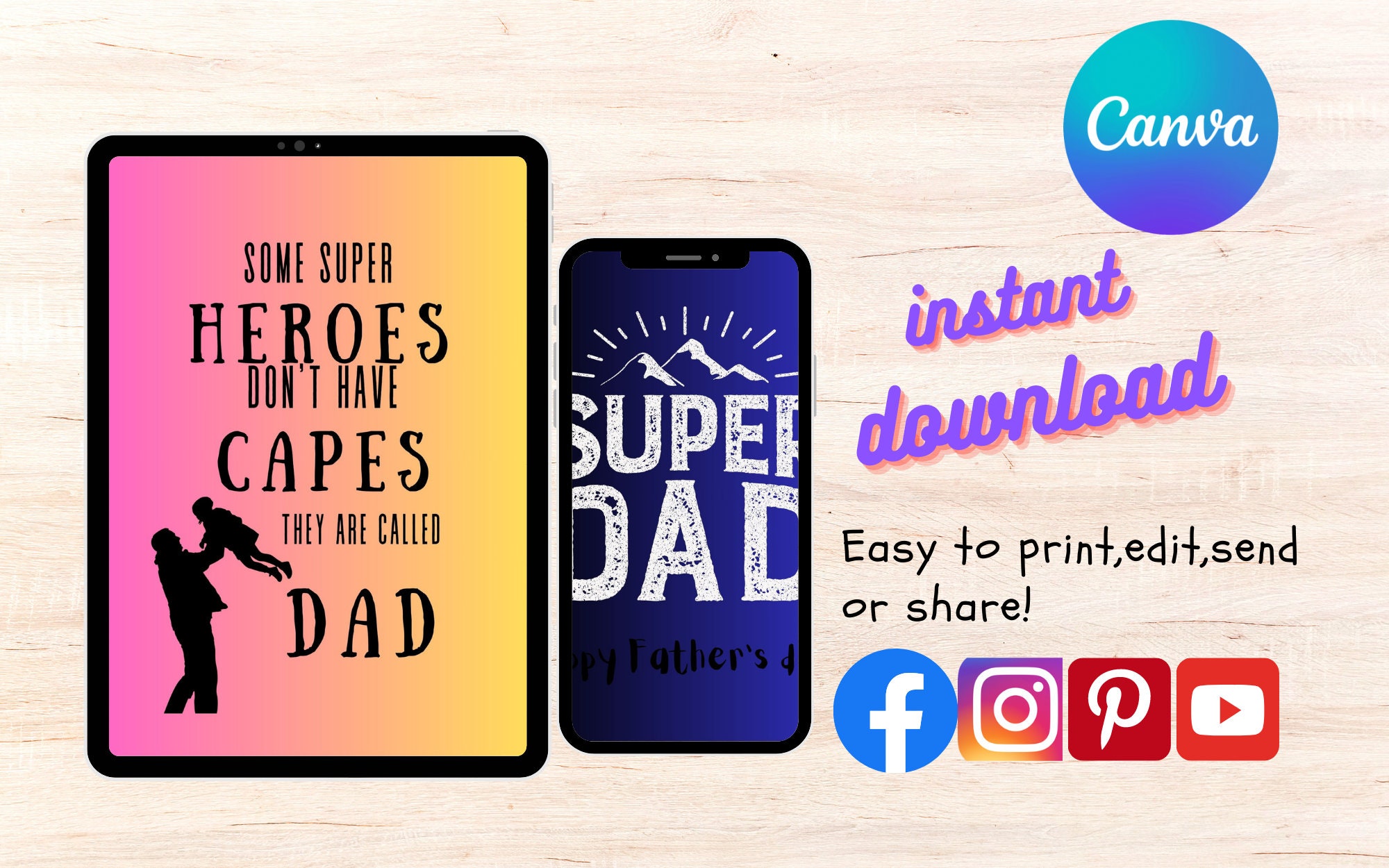 5 Editable Father's Day Card Digital, Super Dad Card , Editable in ...