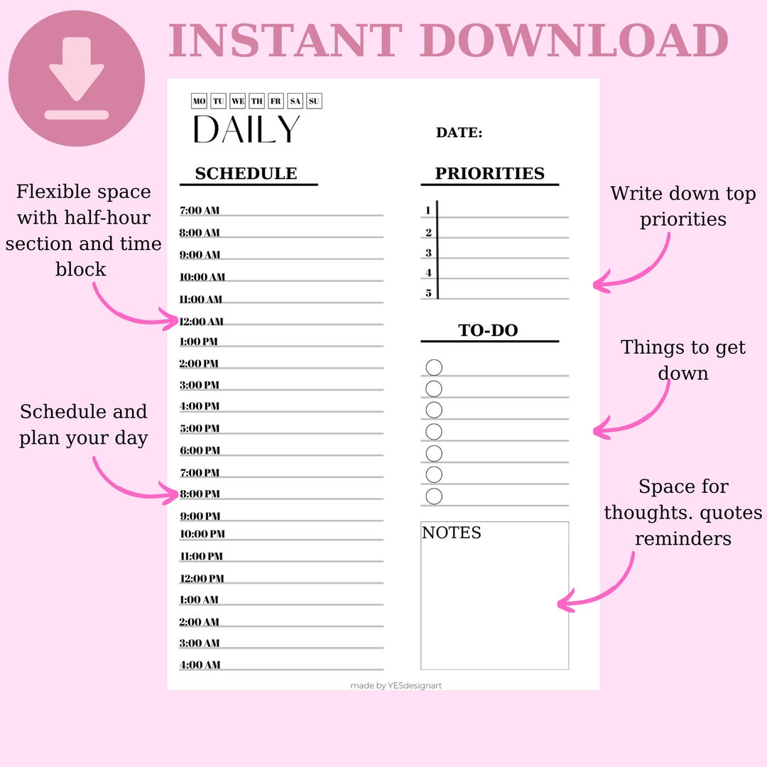 24 Hour Daily Planner Printable, Hourly Planner, Military Time Plan ...